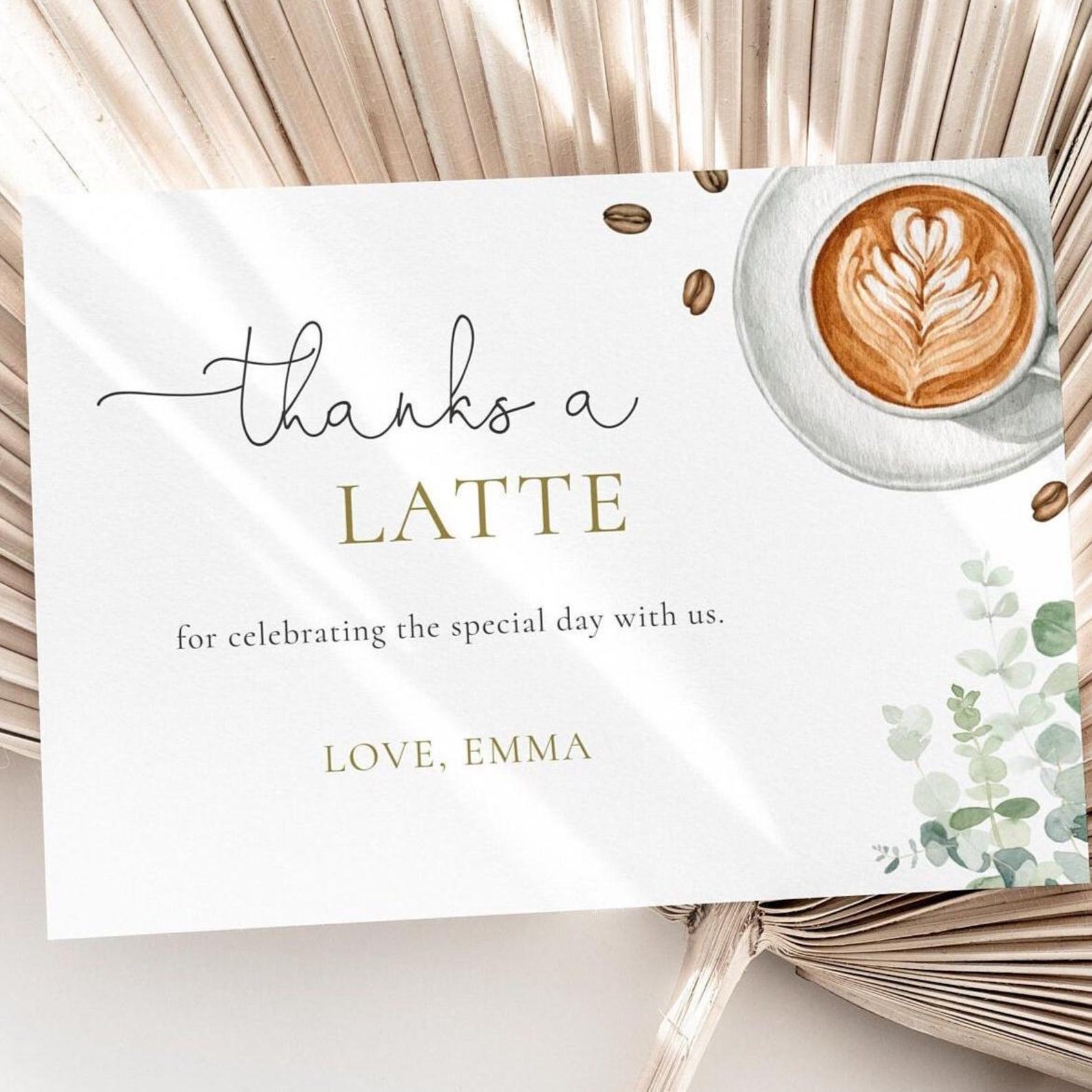 Thanks A Latte Thank You Card, Editable Template, Coffee Greenery ...