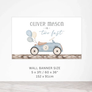 Blue Car & Balloon Two Fast Birthday Wall Banner, Editable Vintage ...
