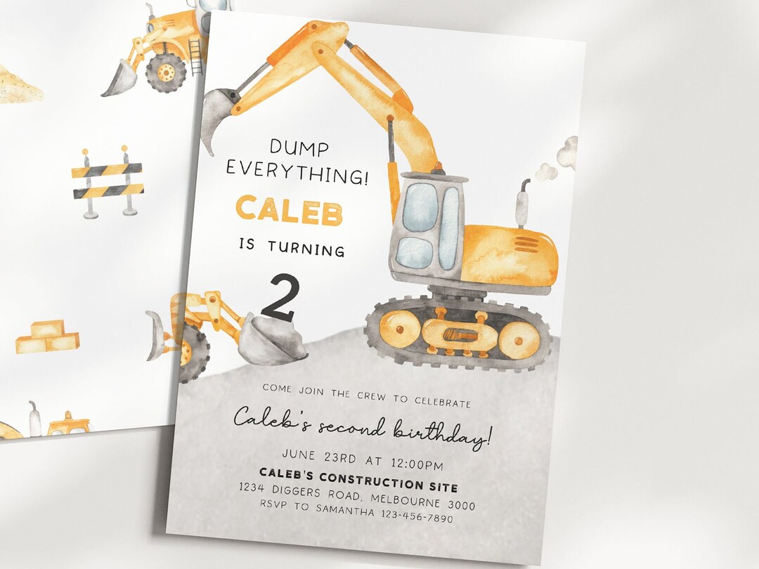 Editable Construction Birthday Invitation, Any Age Excavator Truck ...