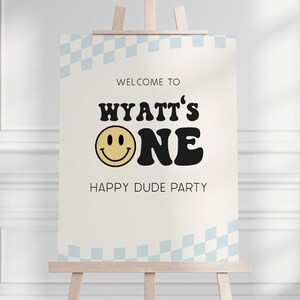 Editable One Happy Dude Welcome Sign, Boy 1st Birthday Party, Blue ...