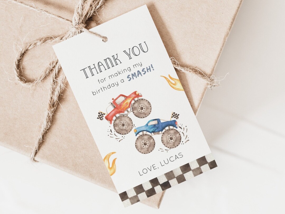Editable Monster Truck Favor Tag, Red & Blue Monster Truck Thank You ...