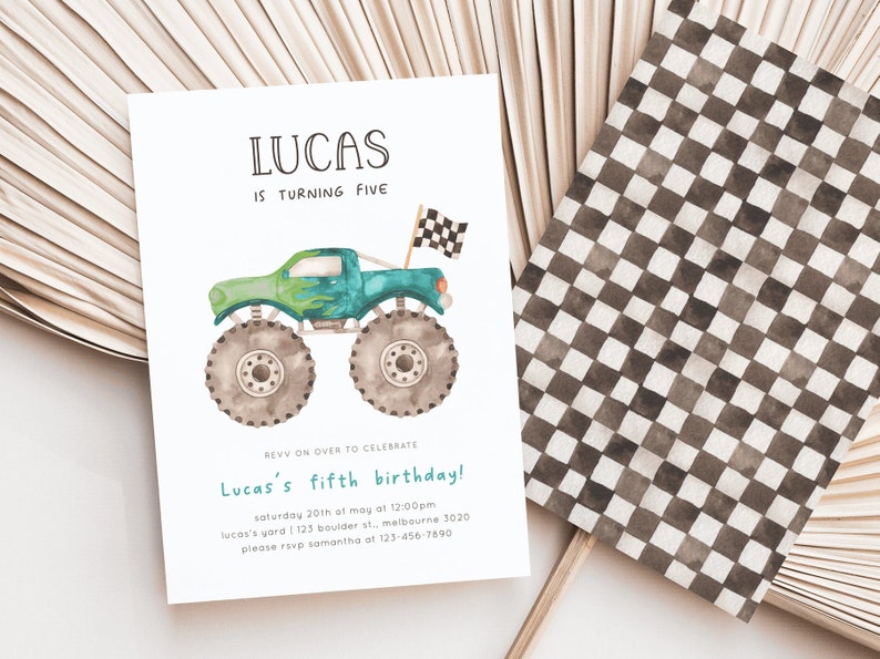 Editable Monster Truck Invitation Green & Blue Monster Truck - Etsy
