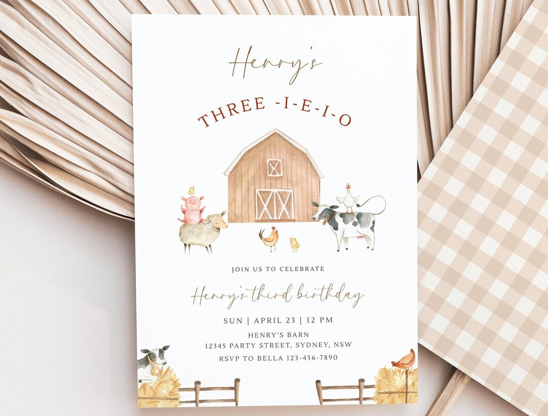 Three-i-e-i-o Farm 3rd Birthday Invitation, Editable Muted Beige Barn ...