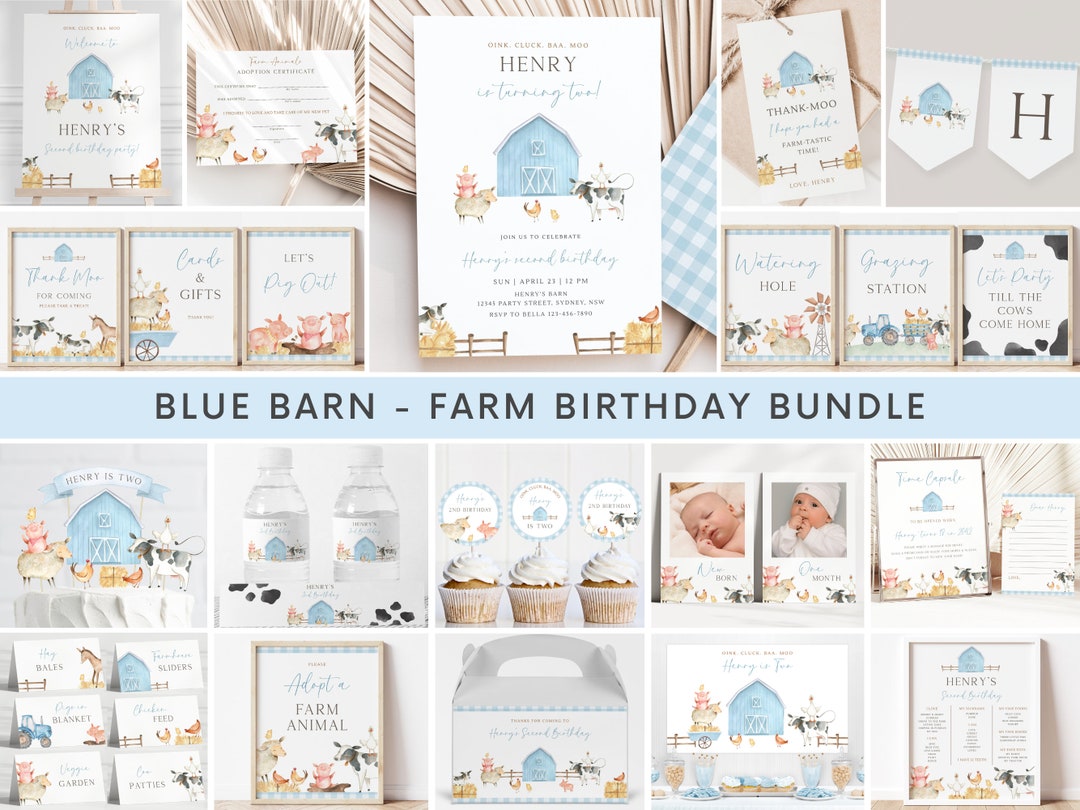 Farm Animals Blue Barn Birthday Invitation Bundle, Editable Farmyard B ...