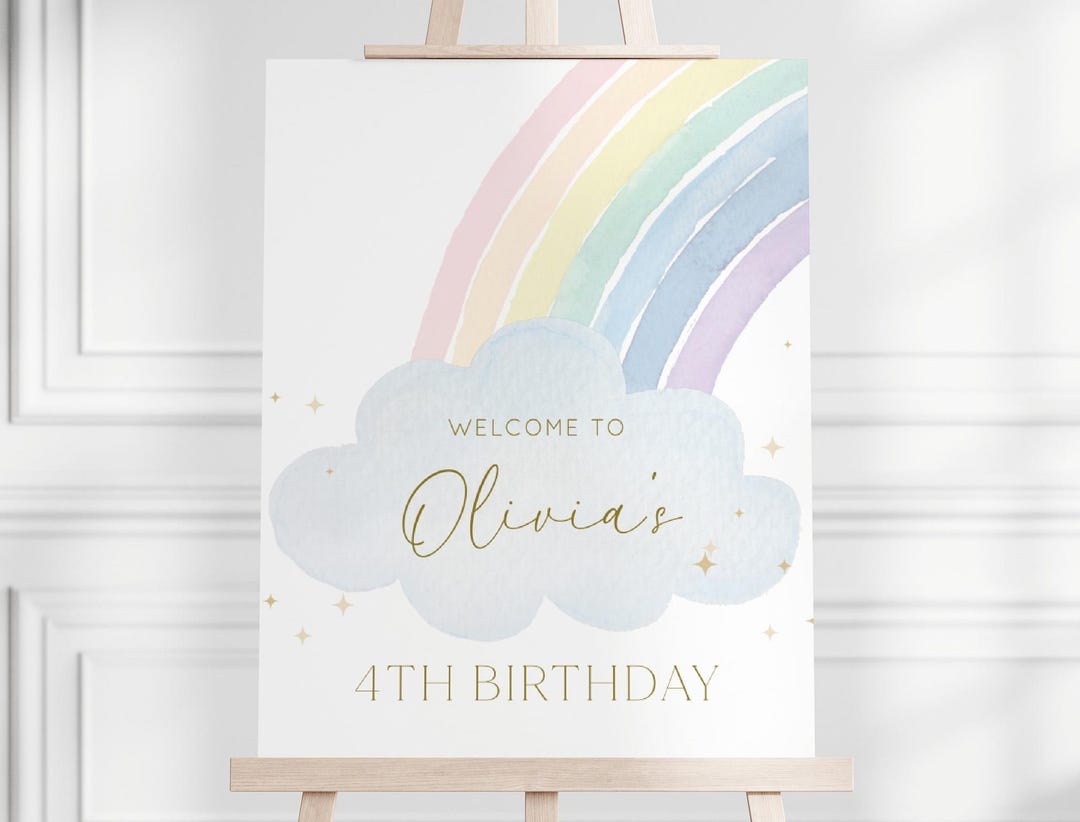 Pastel Rainbow Birthday Welcome Sign, Editable Girl Rainbow B'day Party ...