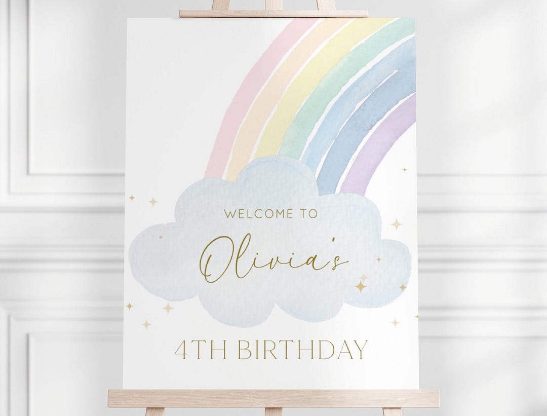 Pastel Rainbow Birthday Welcome Sign, Editable Girl Rainbow B'day Party ...