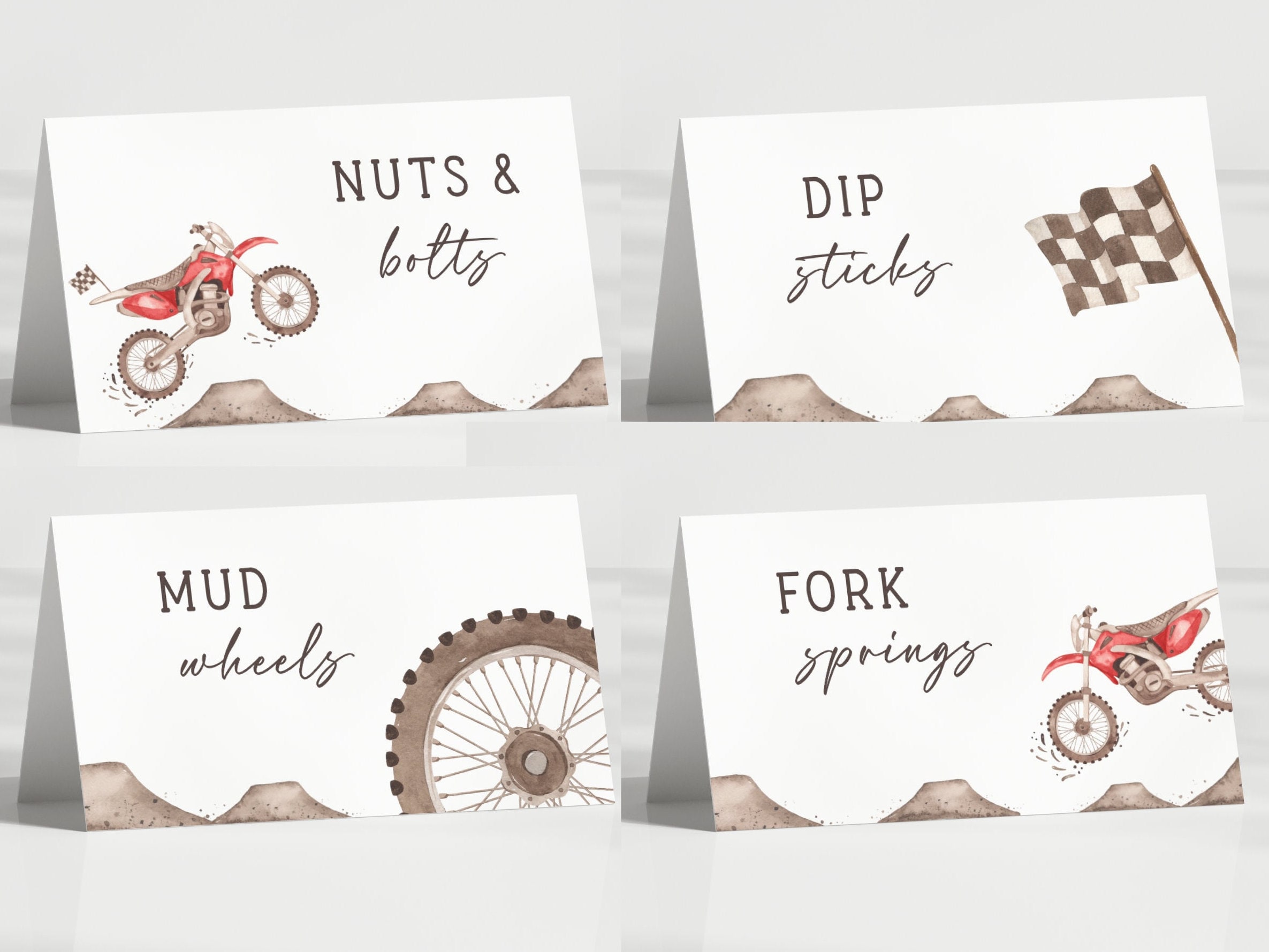 Editable Dirt Bike Food Tents, Motorbike Party Food Drink Label, Red ...