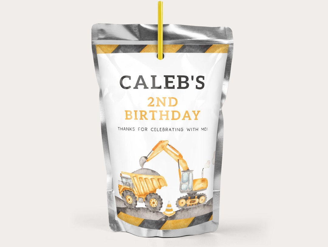 Editable Construction Juice Pouch Label, Digger Truck Birthday Capri ...