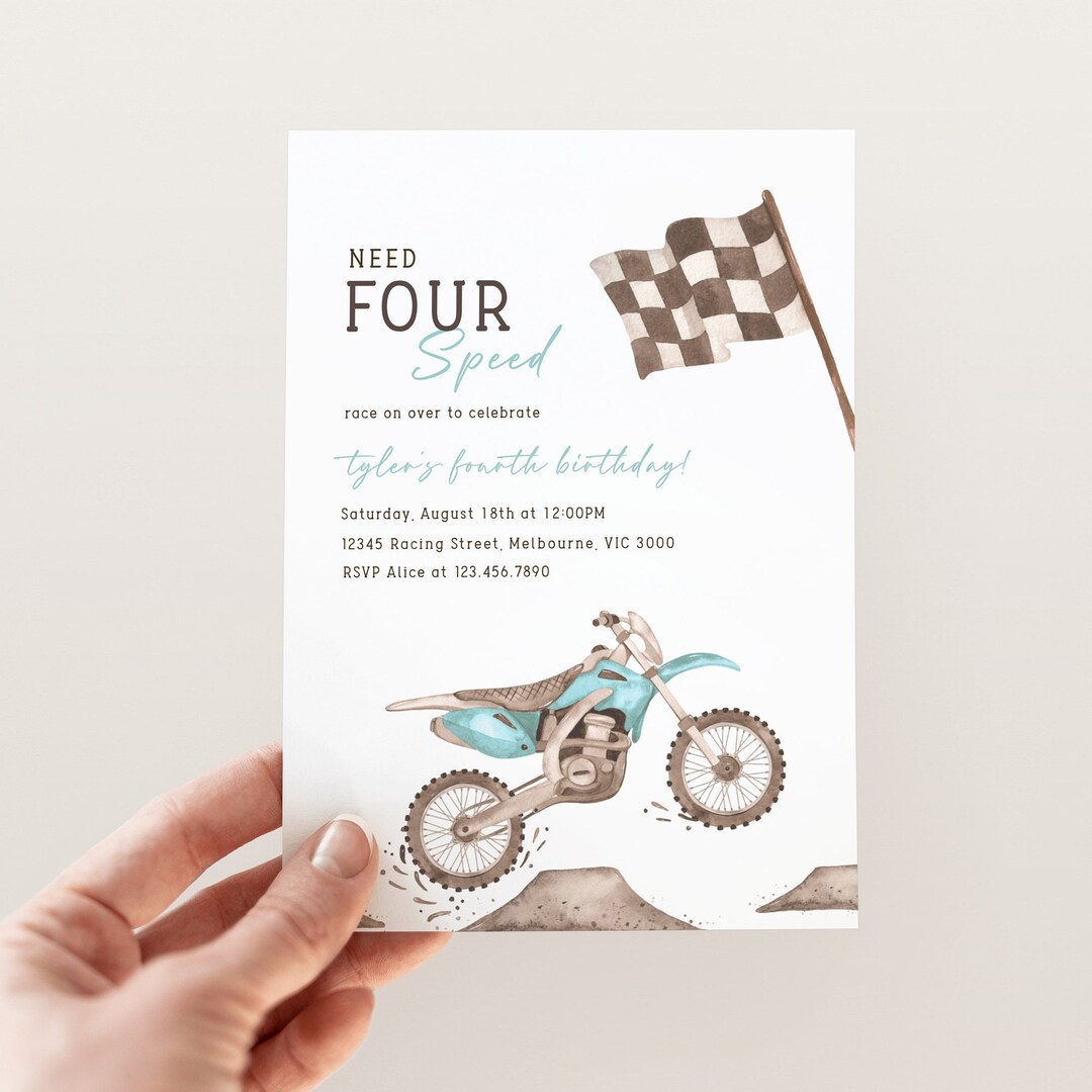 Dirt Bike Need FOUR Speed Invitation, Editable Template, Racing Blue ...