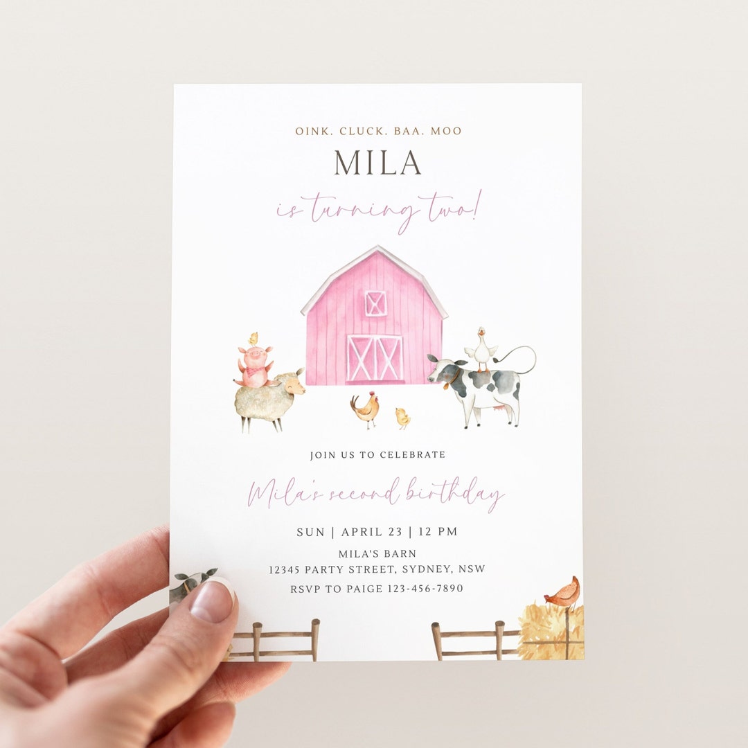 Pink Farm Birthday Party Invitation, Editable Girl Barn Animals B'day ...