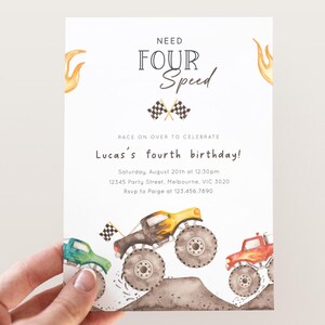 Need Four Speed Monster Truck Birthday Invitation, Editable Racing ...