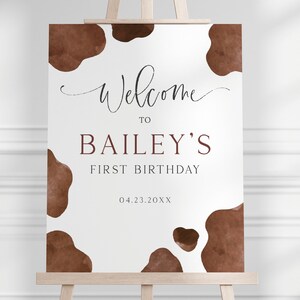 Cow Birthday Party Welcome Sign, Editable Dark Brown Cow Spots Birthday ...