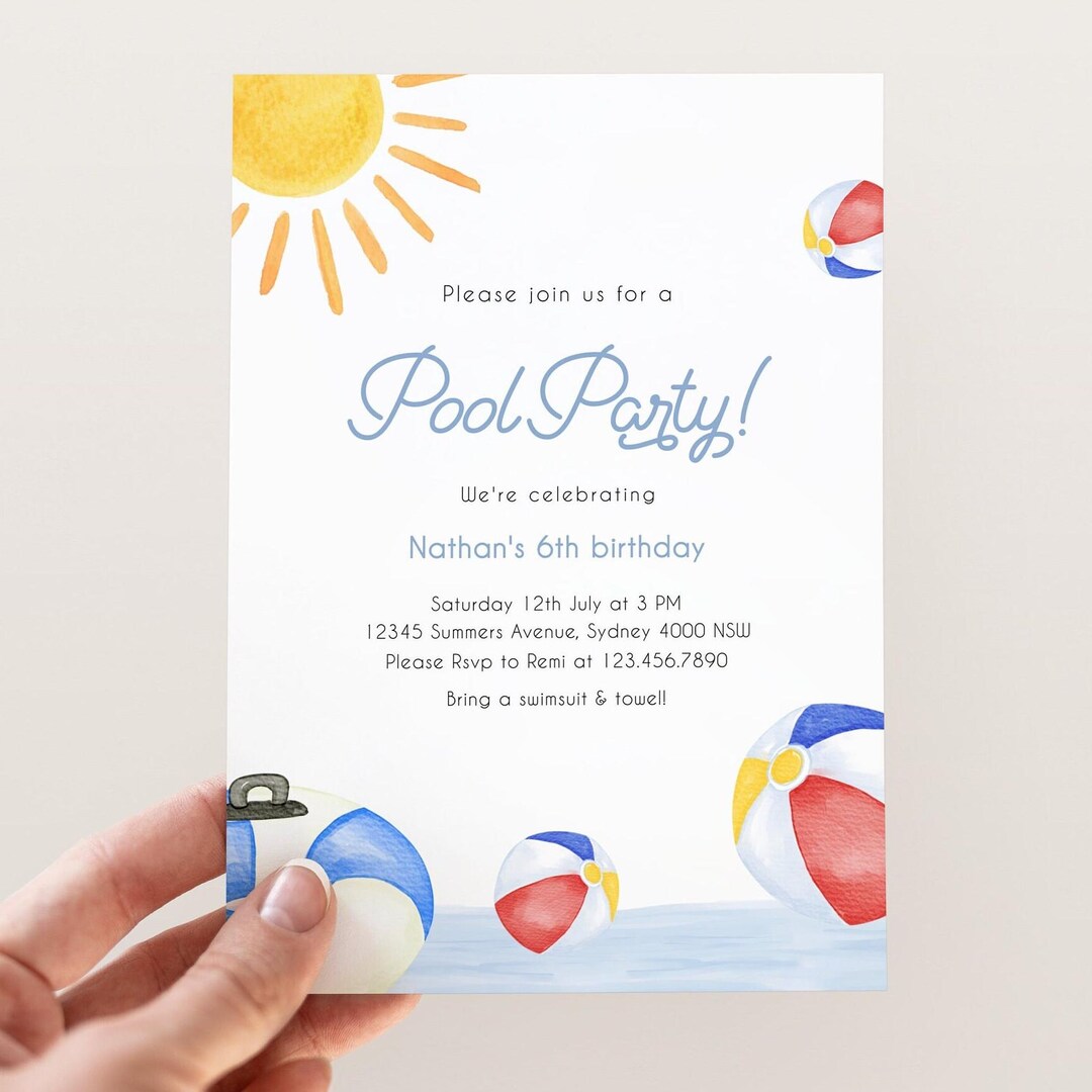 Pool Birthday Party Invitation, Editable Template, Minimalist Pool ...