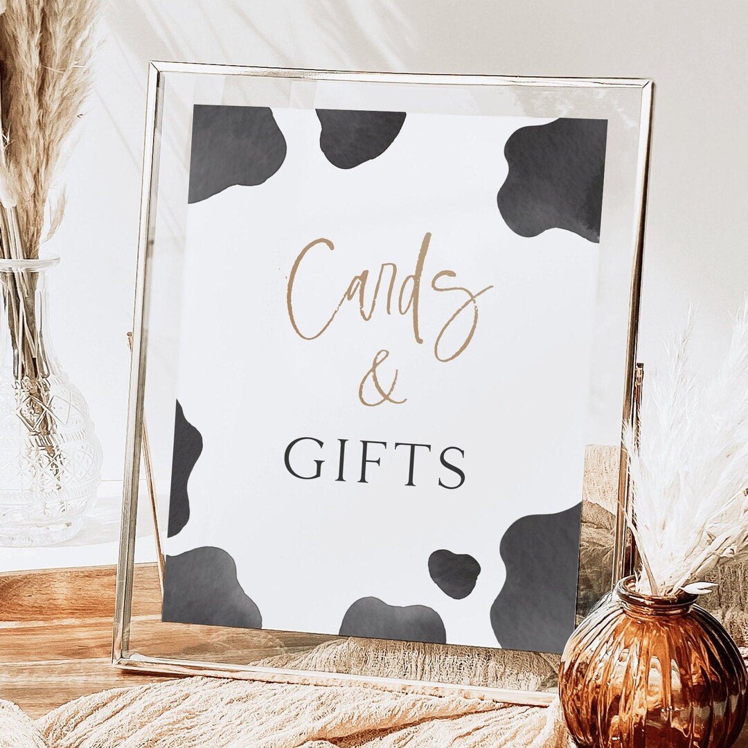 Cow Party Cards & Gifts Sign, Editable Template, Boho Cow Birthday ...