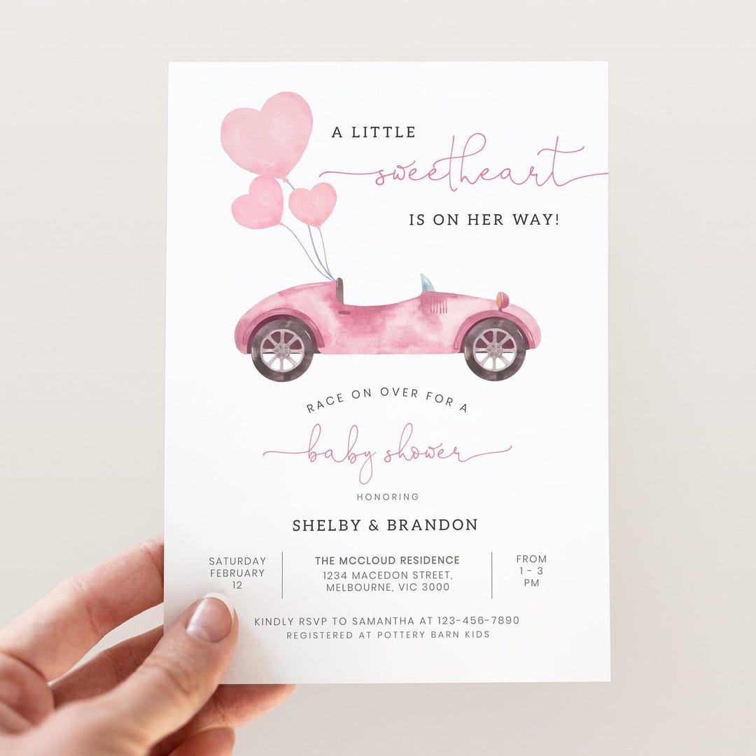 Pink Race Car Baby Shower Invitation, Editable Sweetheart Baby Shower ...