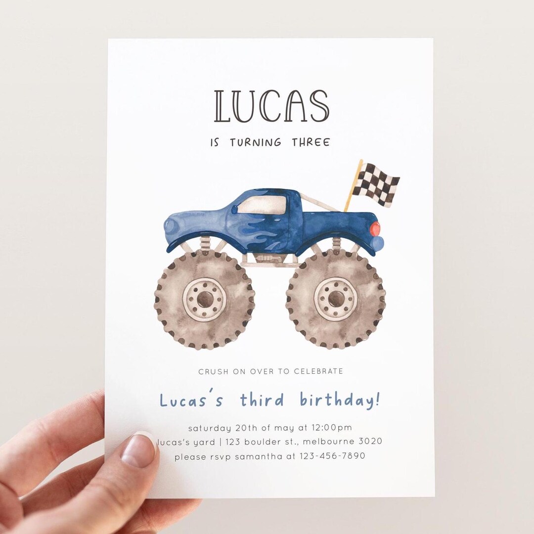 Navy Blue Monster Truck Birthday Invitation, Editable Monster Truck B ...