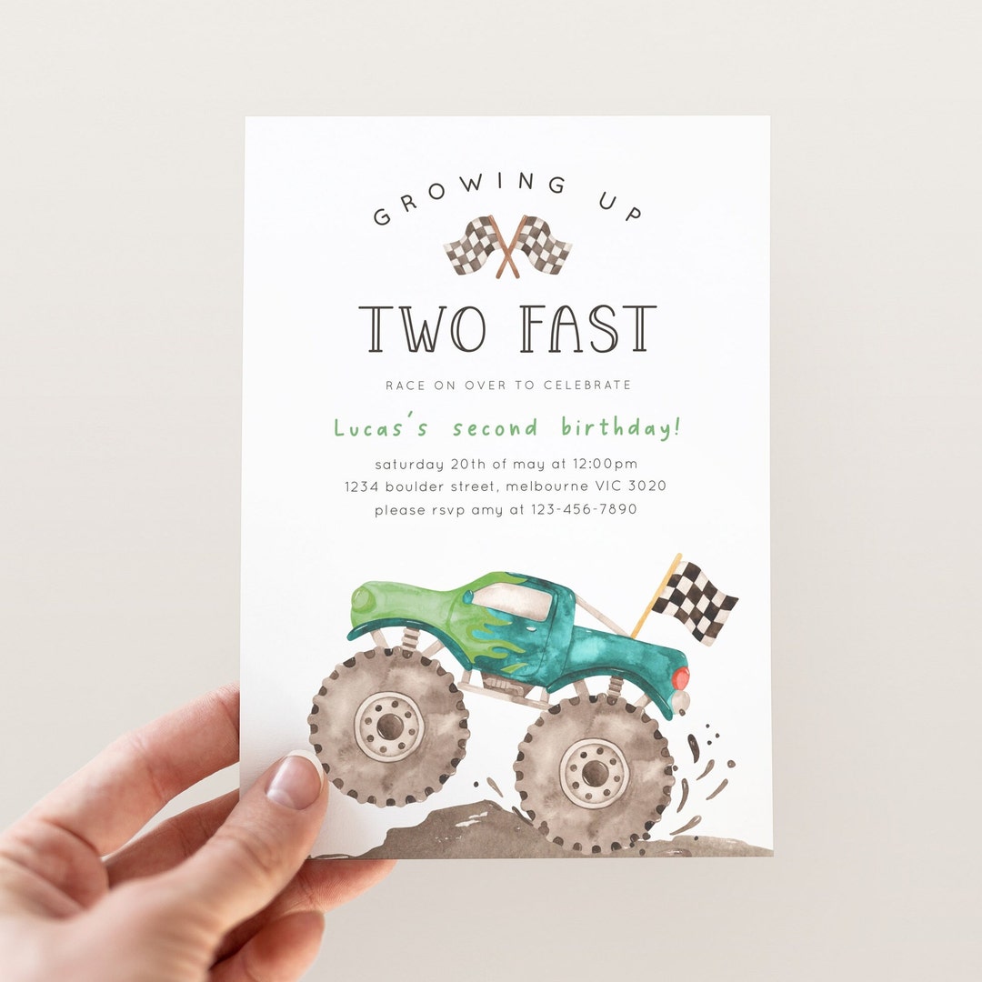 TWO Fast Monster Truck Birthday Invitation, Editable Template, Green ...