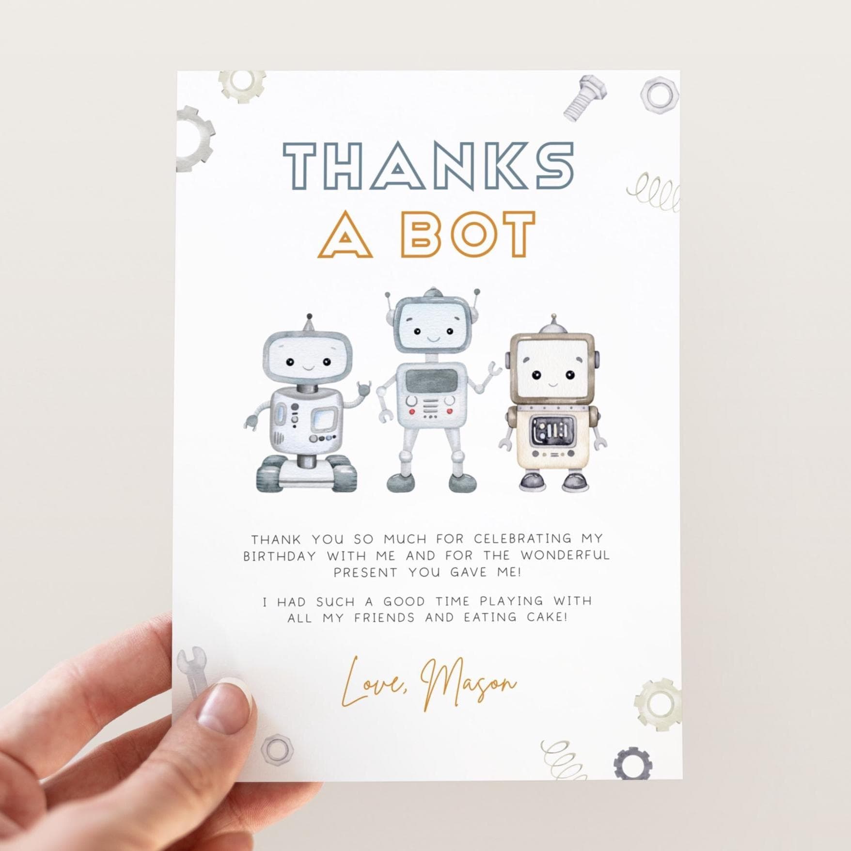 Editable Robot Thank You Card, Robots Birthday Party Thank You Note ...
