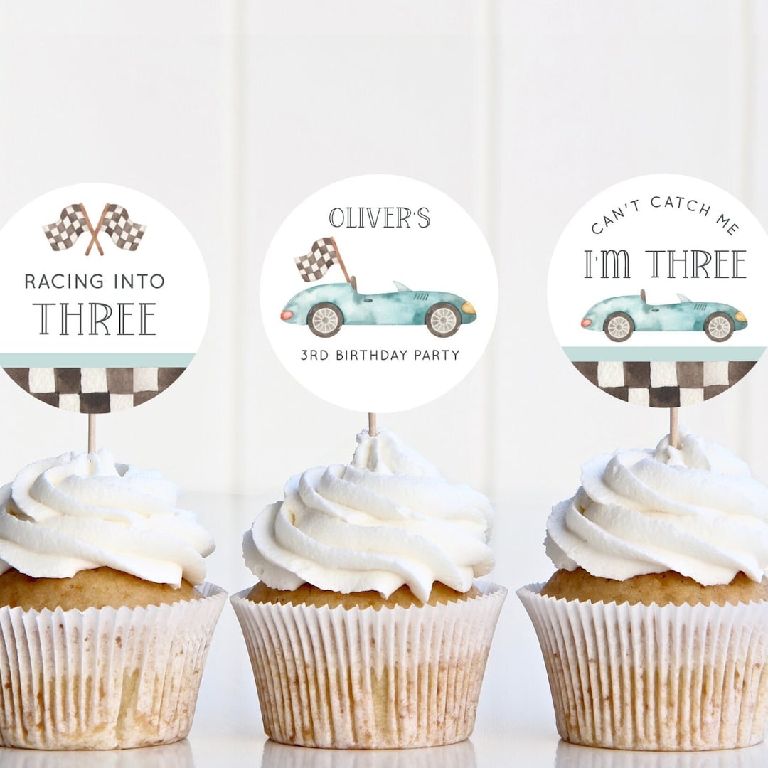 Racing 3rd Birthday Cupcake Toppers, Editable Blue Race Car 3rd B'day ...