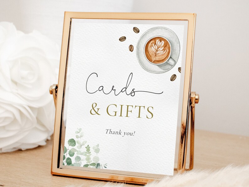 Coffee Themed Cards & Gifts Sign, Editable Greenery Coffee Shower Table ...