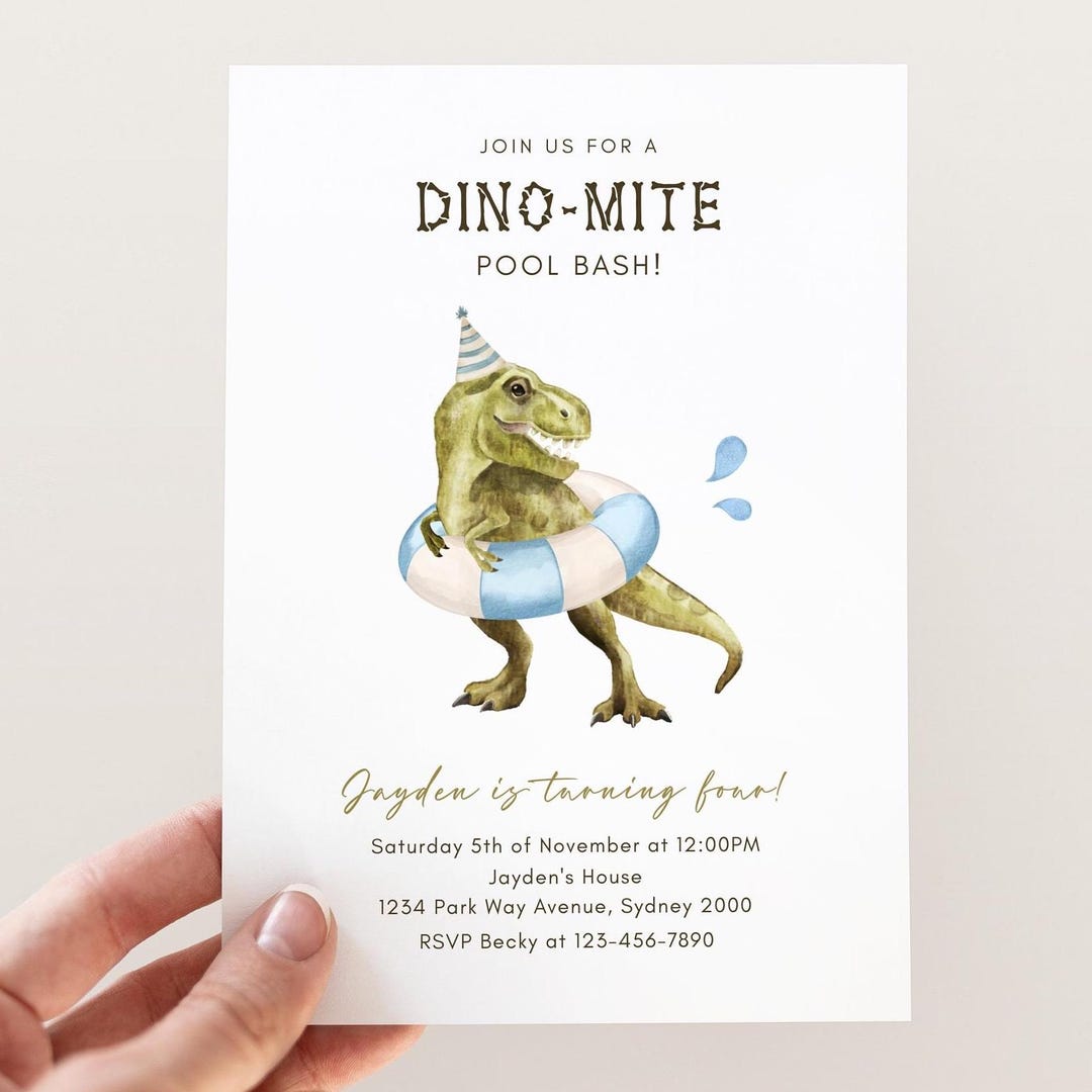 Editable Dinosaur Pool Birthday Invitation, T-rex Pool Float Invite ...