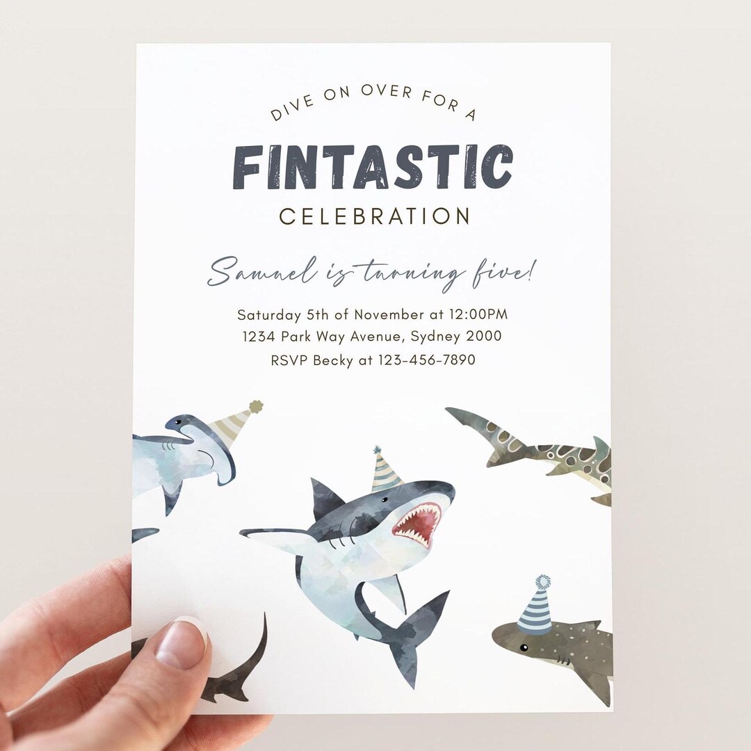 Fintastic Shark Birthday Invitation, Editable Sharks Any Age Party ...