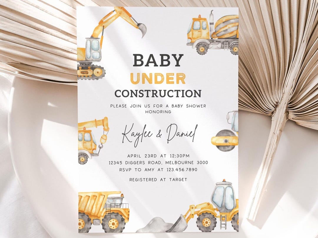 Editable Construction Baby Shower Invitation, Construction Trucks Baby ...