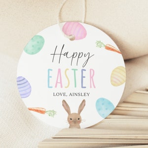 Editable Happy Easter Label, Easter Party Round Sticker & Tag Template ...