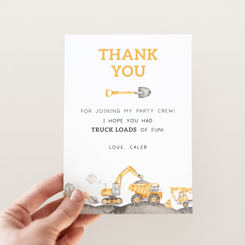 Construction Party Thank You Note Card, Editable Template, Trucks ...