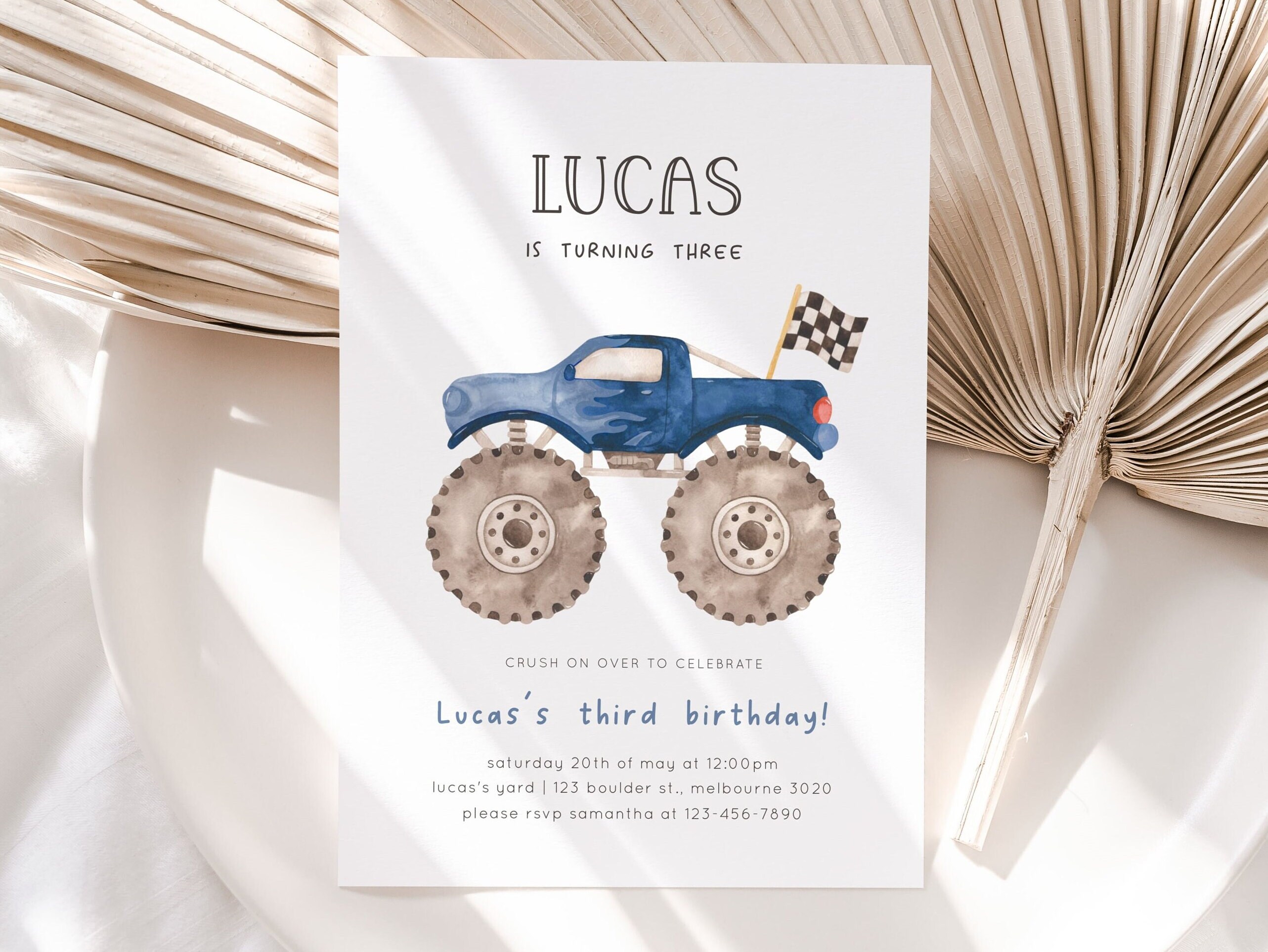 Navy Blue Monster Truck Birthday Invitation, Editable Monster Truck B ...