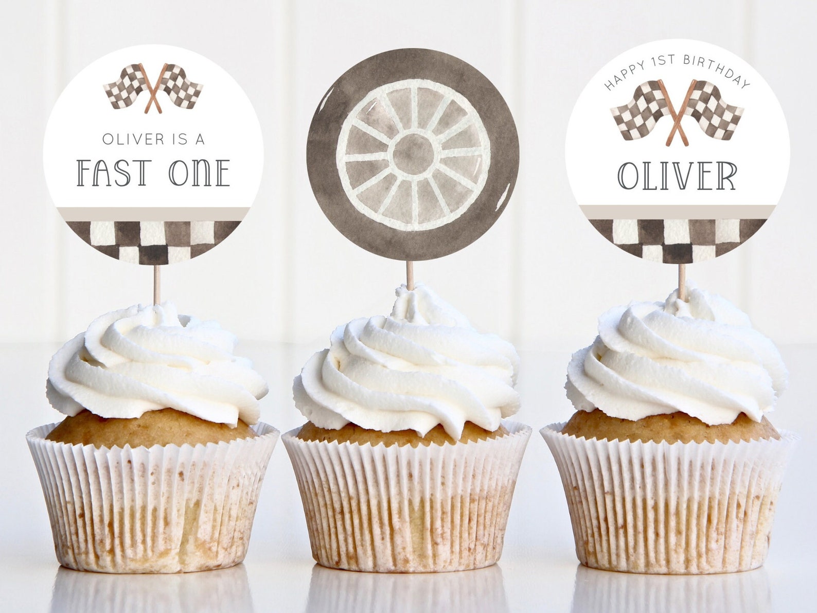 Fast ONE Cupcake Toppers, Editable & Printable Racing Flags Birthday ...