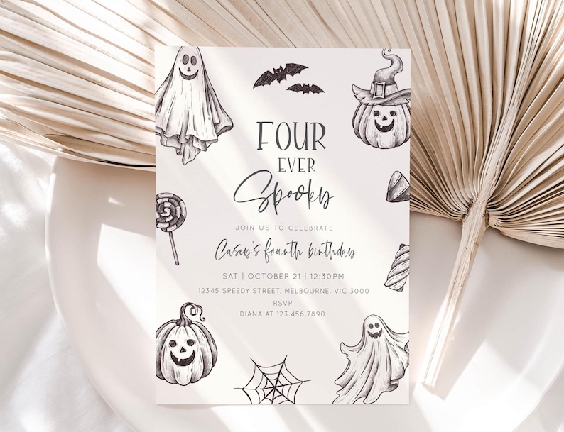 Four Ever Spooky Halloween Birthday Invitation, Editable Spooktacular ...