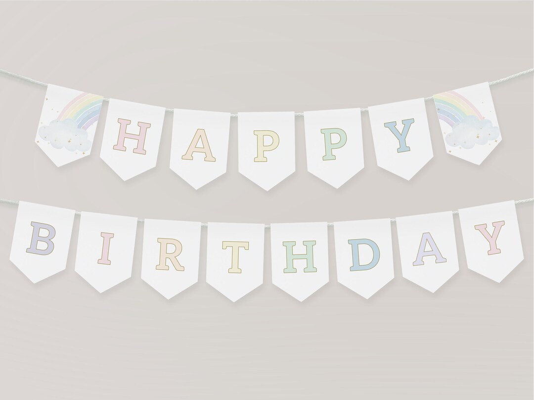 Pastel Rainbow Happy Birthday Banner, Printable Rainbow B'day Party ...