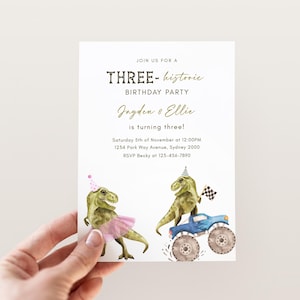 Dinosaur Twins Three Historic Birthday Invitation, Editable T-rex ...
