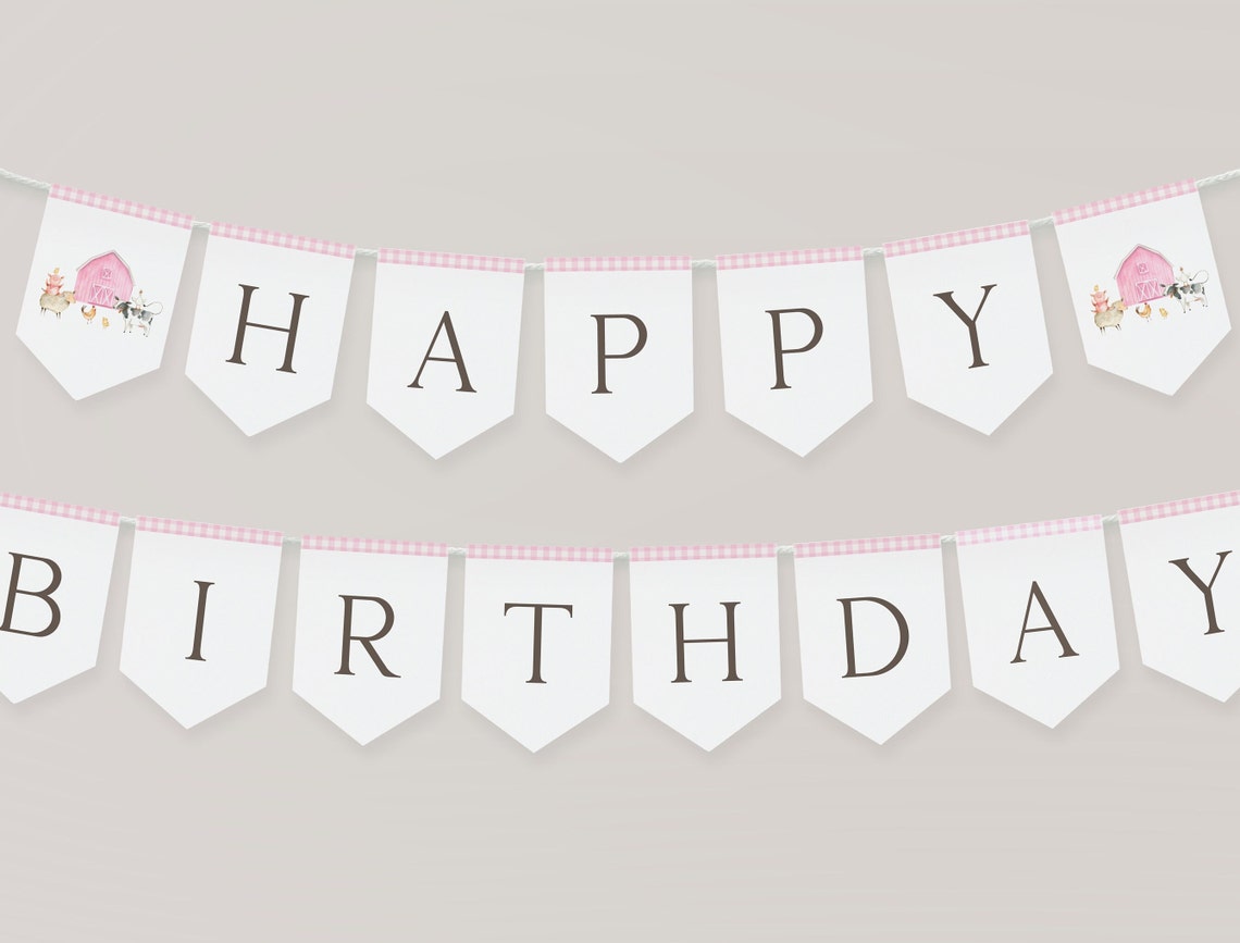 Pink Barn Happy Birthday Banner, Editable Girl Farm Animals B'day Party ...