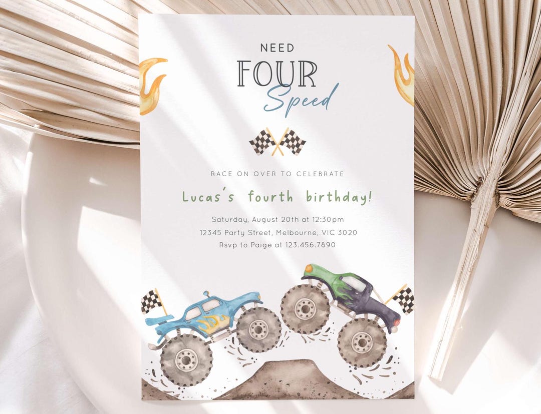 Editable Need Four Speed Monster Truck Invitation, Blue & Black Truck ...