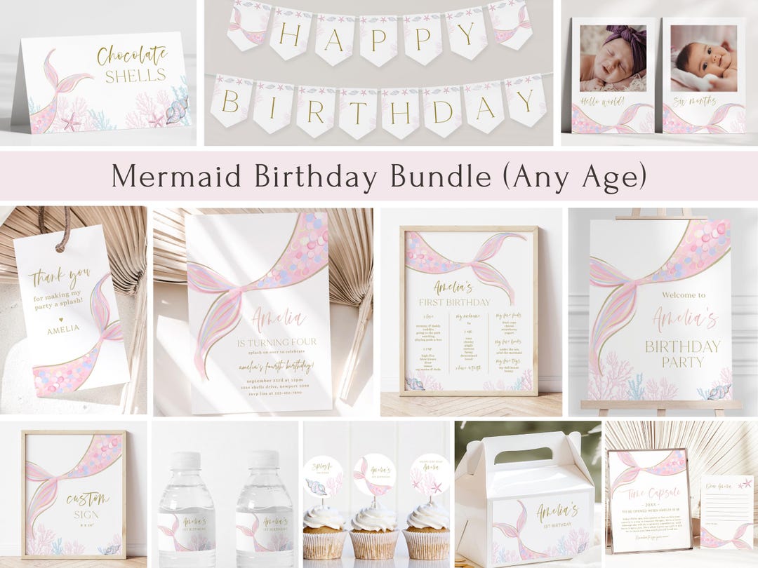 Pink Mermaid Birthday Invitation Bundle, Editable Girl Pink Mermaid and ...