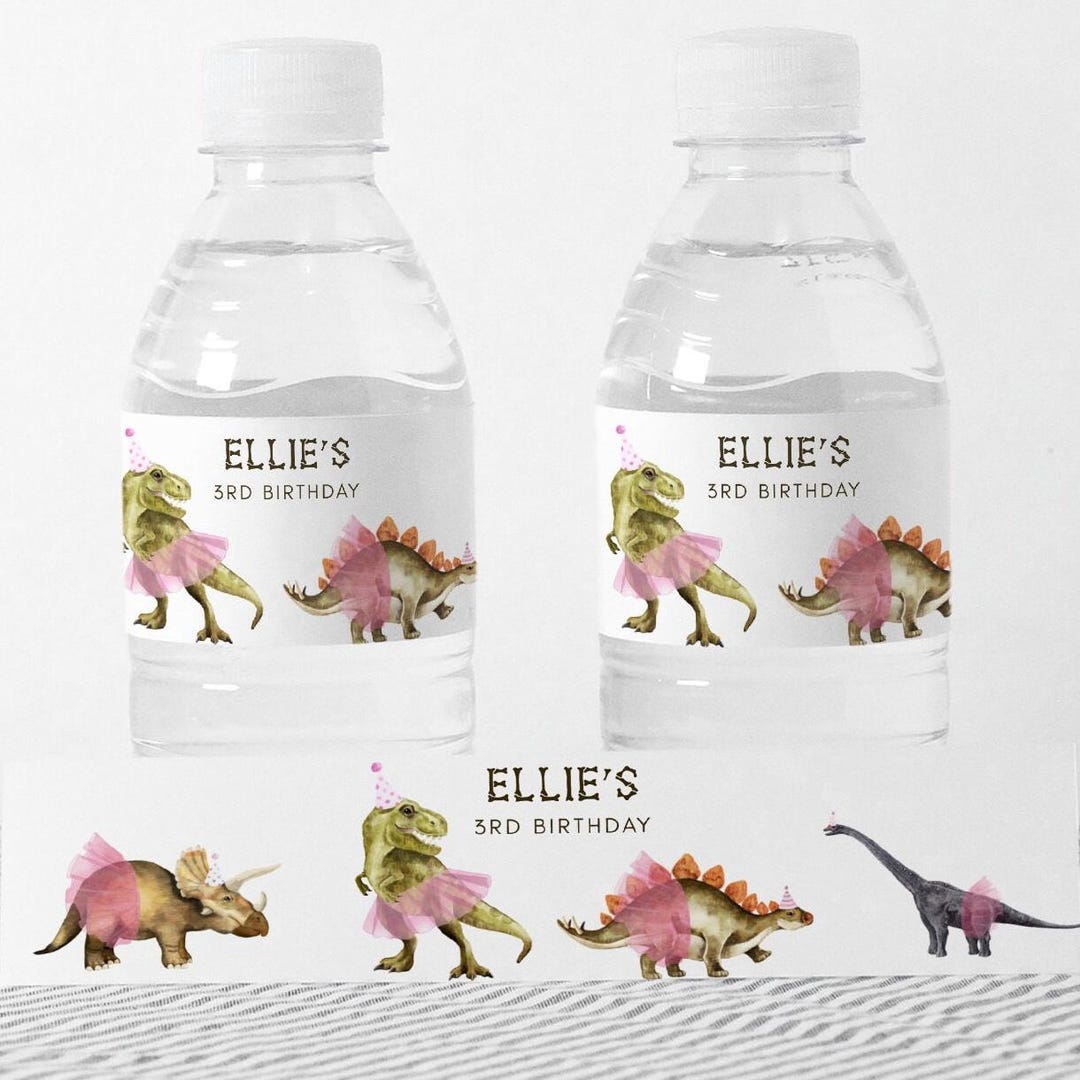 Dinosaur & Tutu Water Bottle Label, Editable Girl Dinosaur Birthday ...