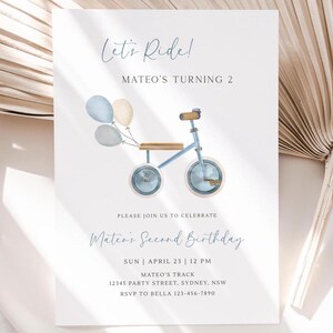 Let's Ride Tricycle Birthday Invitation, Editable Blue Trike & Balloons ...