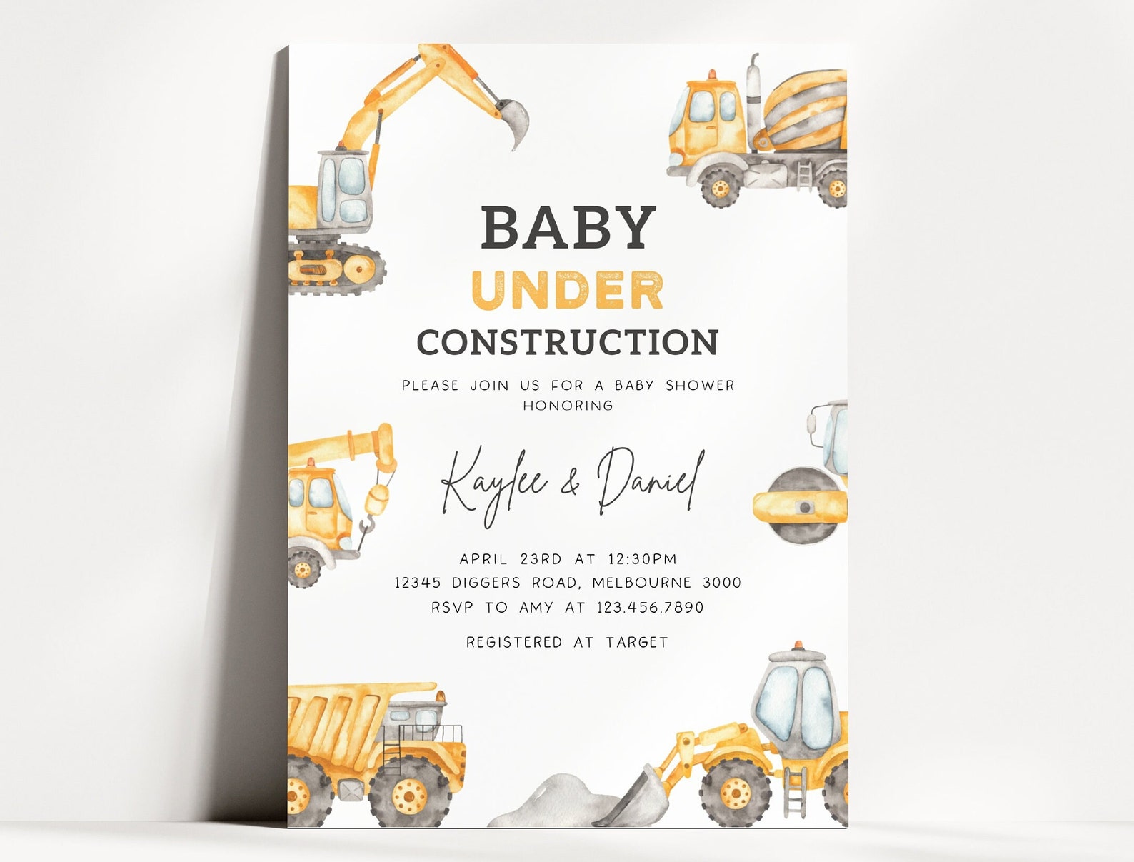 Editable Construction Baby Shower Invitation, Construction Trucks Baby ...