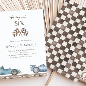 Editable Racing 6th Birthday Invitation, Blue Race Cars Sixth B'day ...