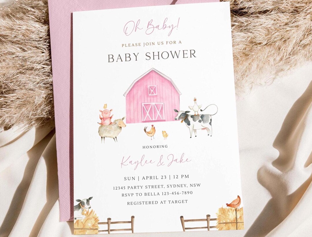 Pink Barn Baby Shower Invitation, Editable Farm Animals Oh Baby Girl ...