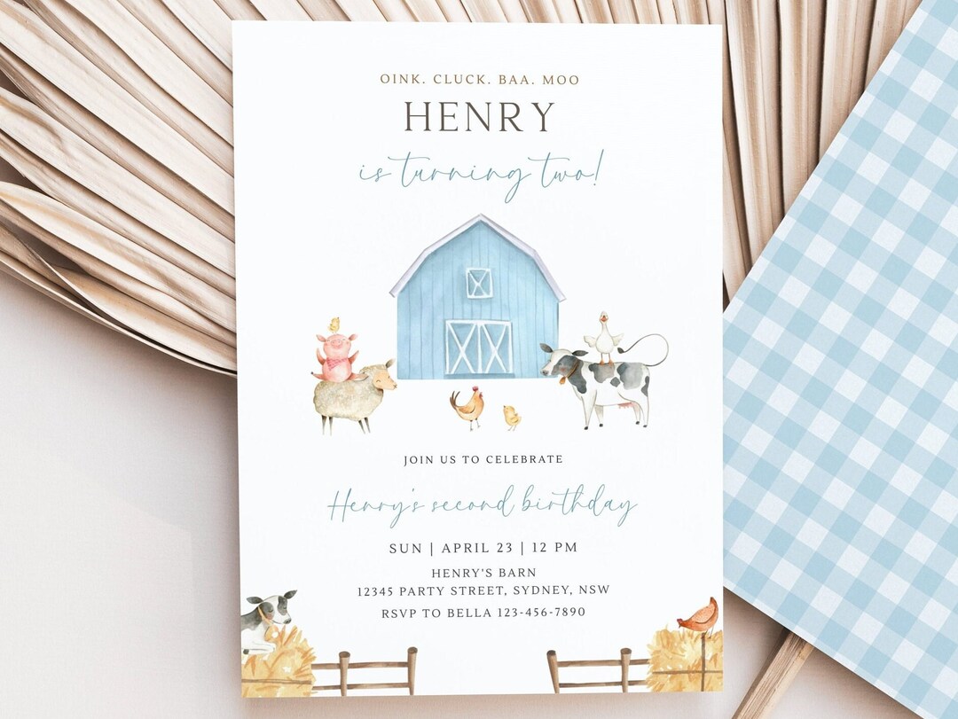 Blue Barn Farm Animals Birthday Party Invitation, Editable Boy Barnyard ...