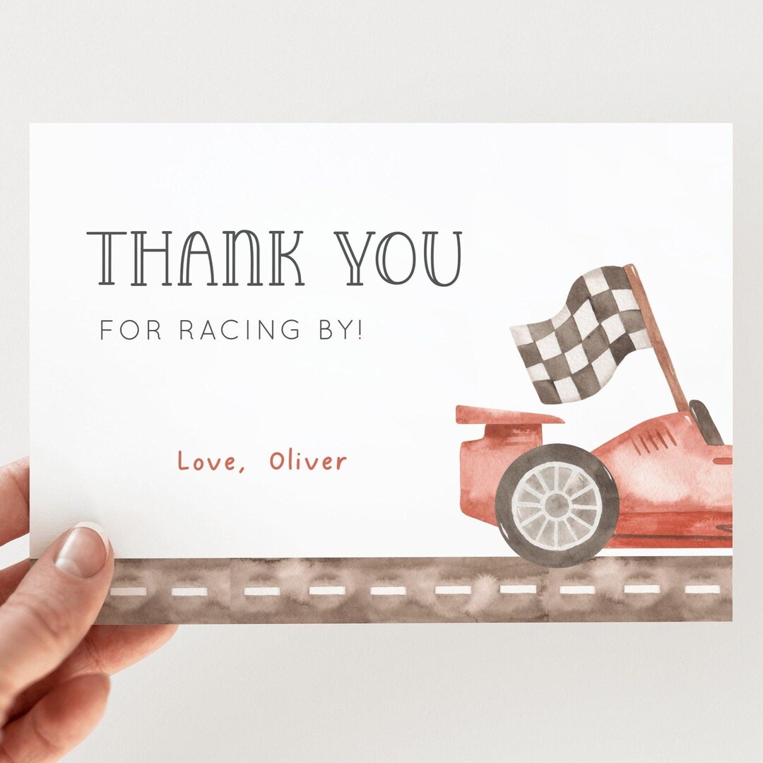 Racing Thank You Card, Editable Car Bday Thank You Note, Red Race Car ...