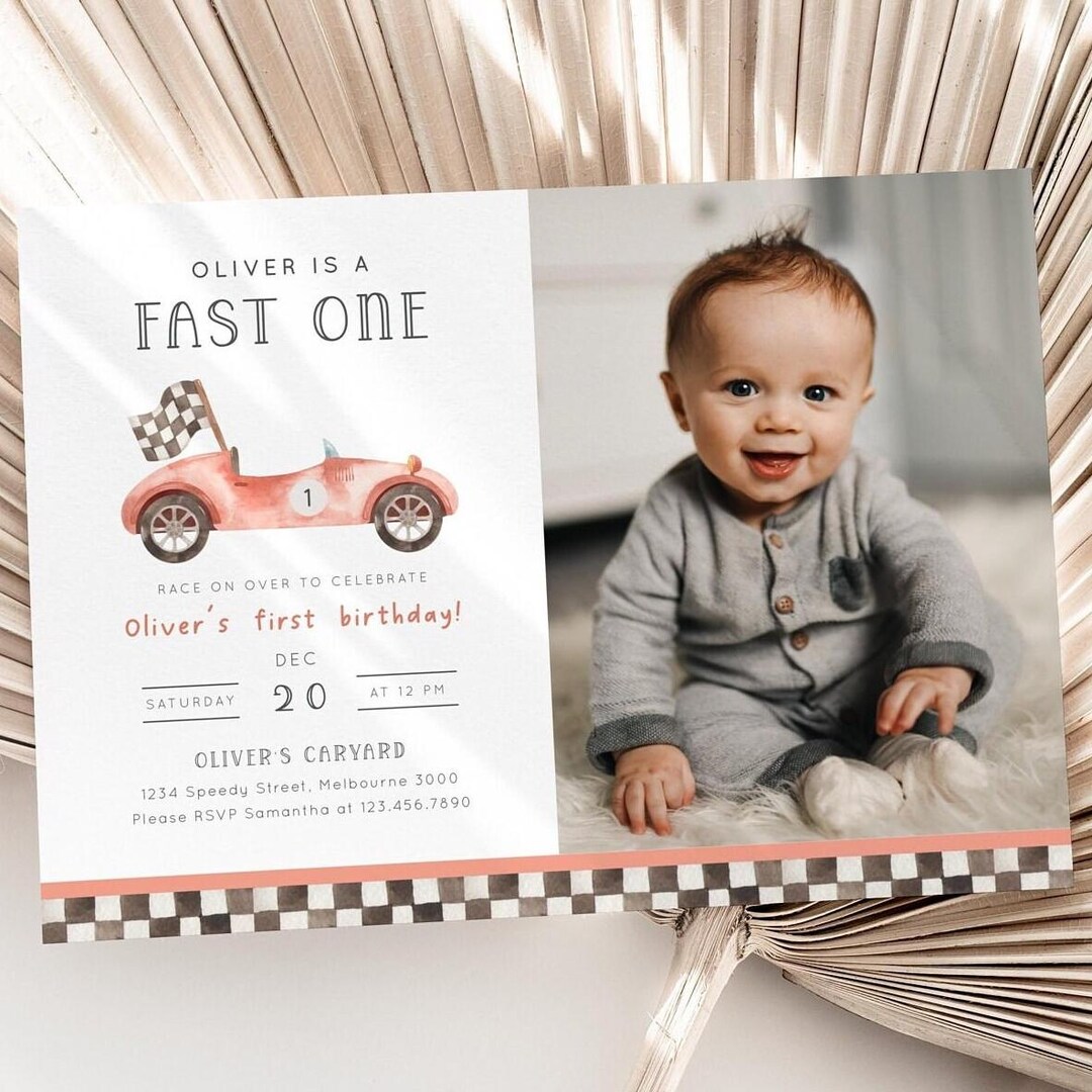Fast One Birthday Invitation With Photo, Editable Red Car 1st B'day ...