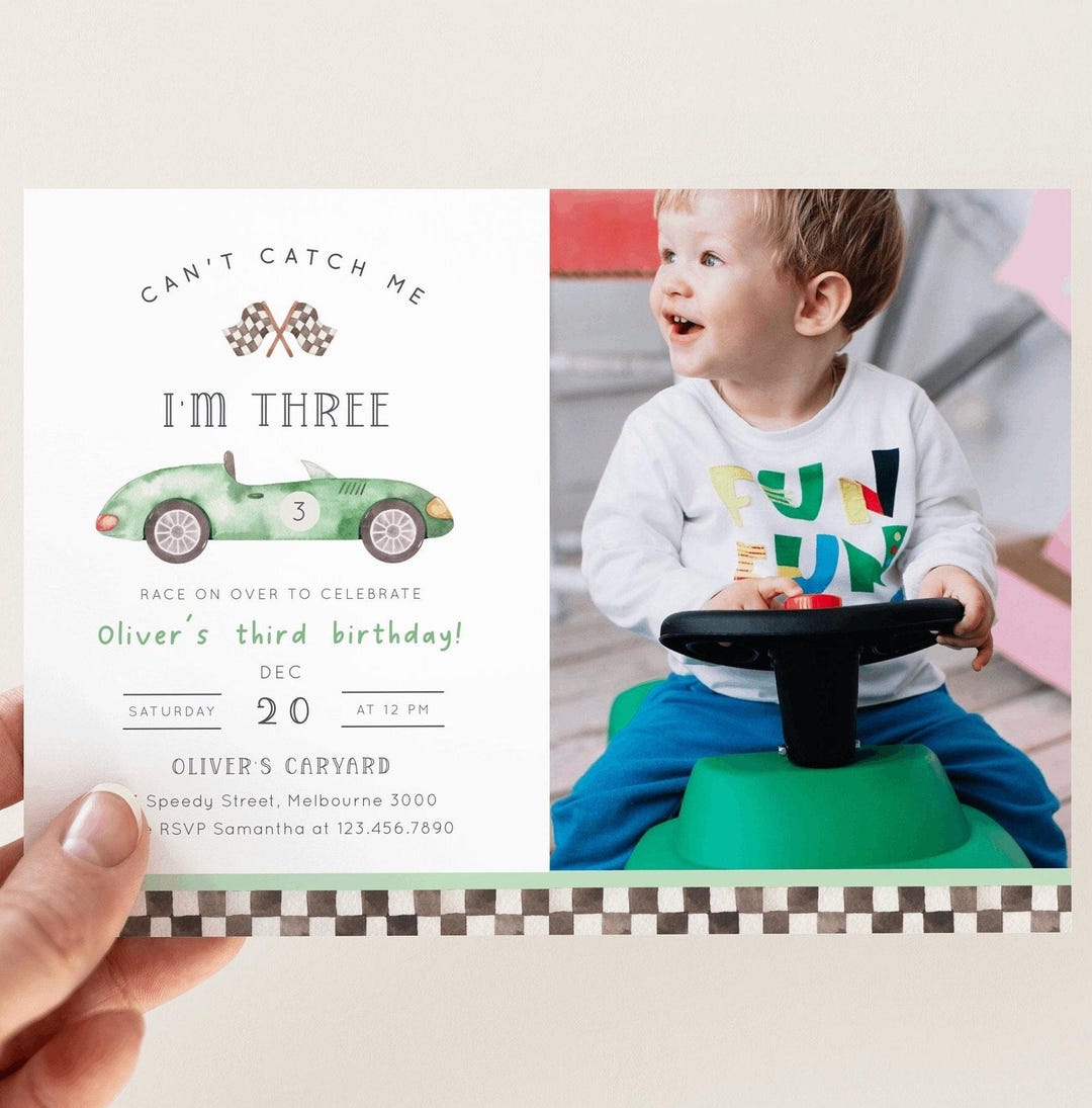 Can't Catch Me I'm Three Photo Invitation, Editable Green Race Car ...