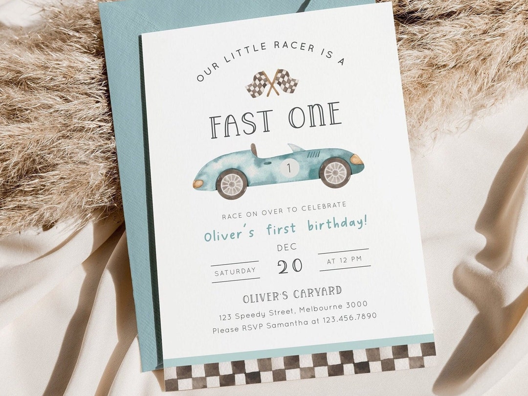 Racing 1st Lap Birthday Invitation, Editable Fast One Race Car B'day ...