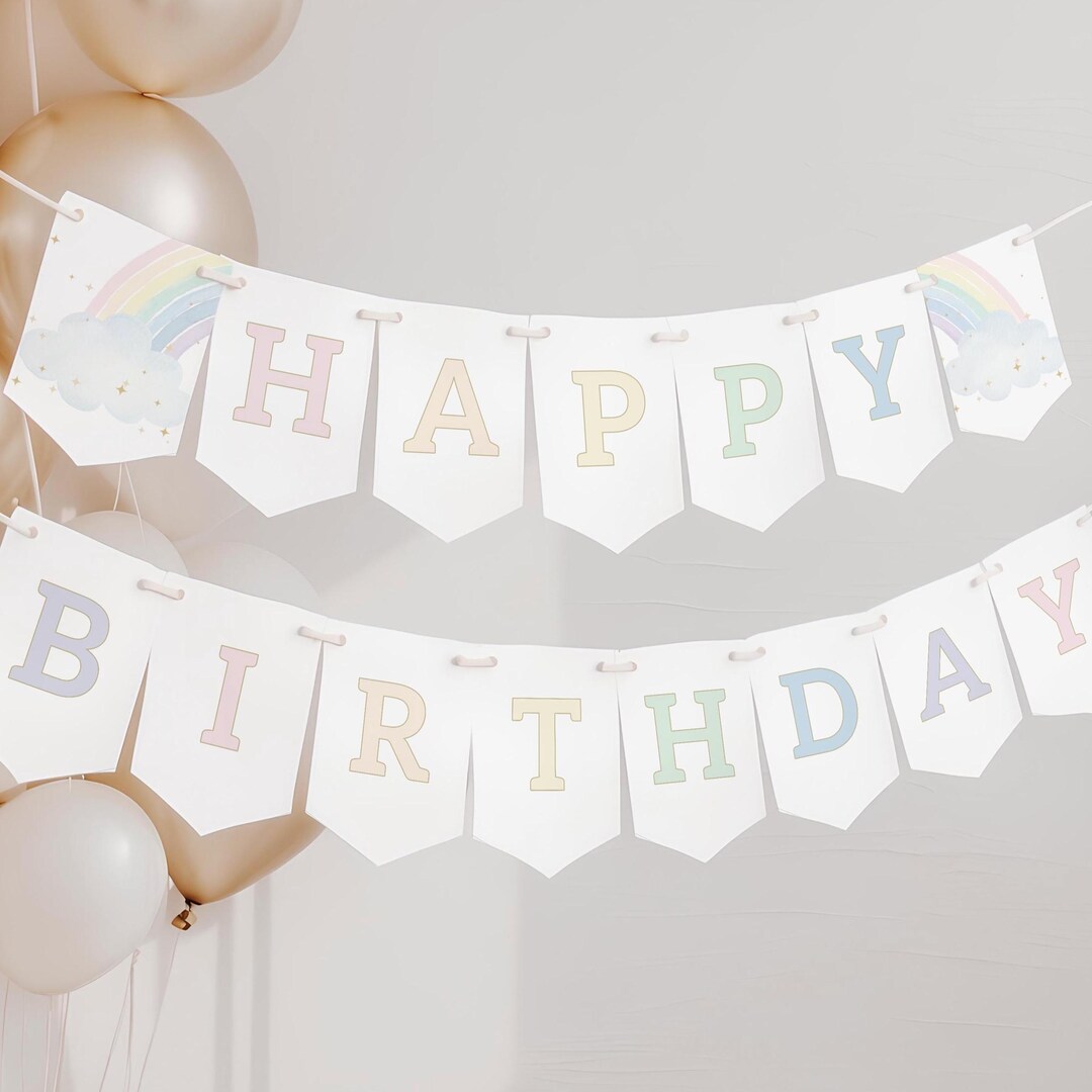 Pastel Rainbow Happy Birthday Banner, Printable Rainbow B'day Party ...