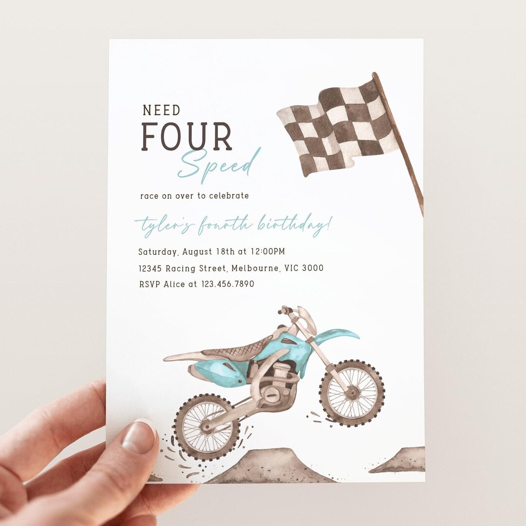 Dirt Bike Need FOUR Speed Invitation, Editable Template, Racing Blue ...