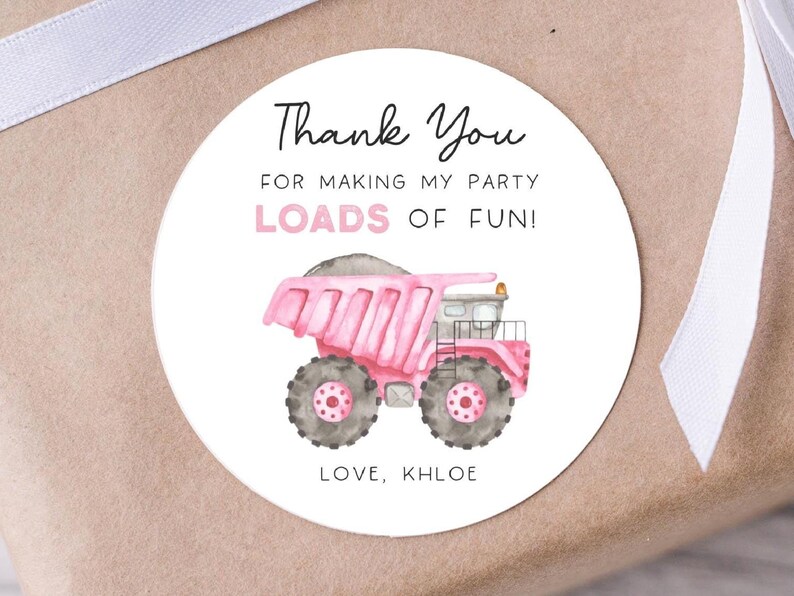 Pink Construction Birthday Thank You Sticker, Editable Girl Pink Dump ...